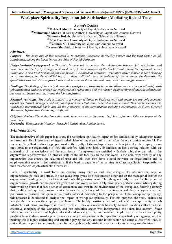 (PDF) Workplace Spirituality Impact on Job Satisfaction: Mediating Role ...