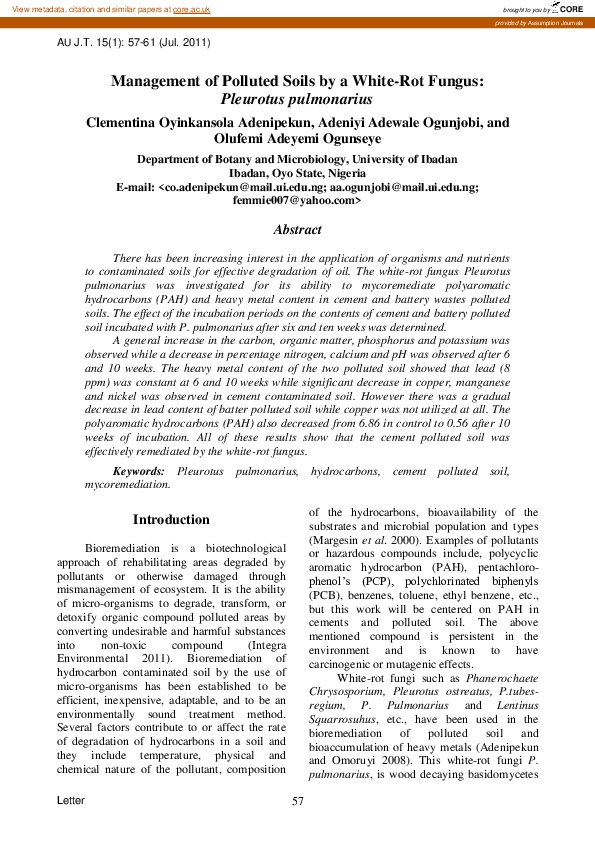(PDF) Management of Polluted Soils by a White-Rot Fungus: Pleurotus pulmonarius