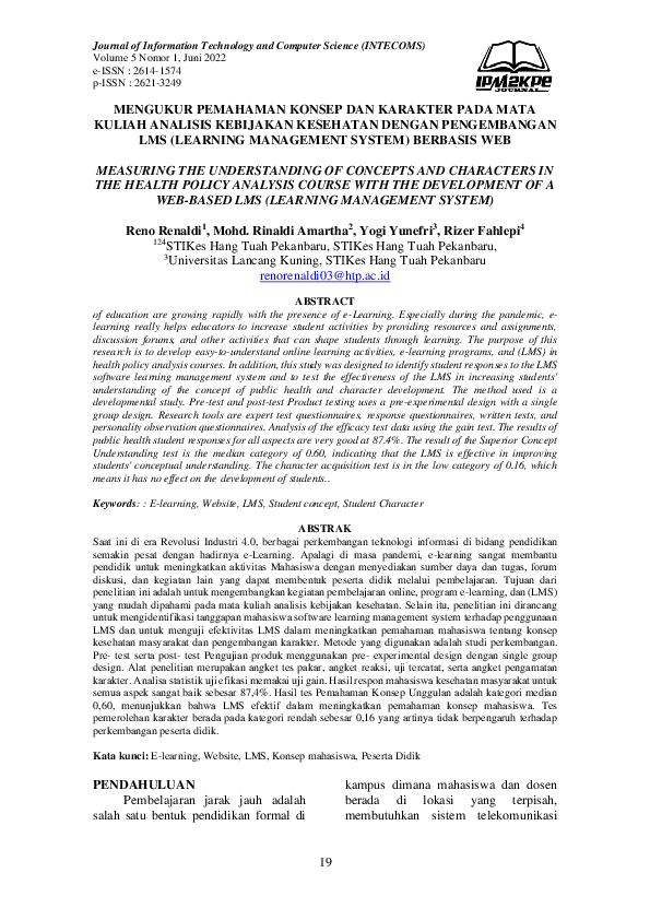 (PDF) Mengukur Pemahaman konsep dan karakter Mahasiswa Kesmas dengan pengembangan LMS (Learning ...