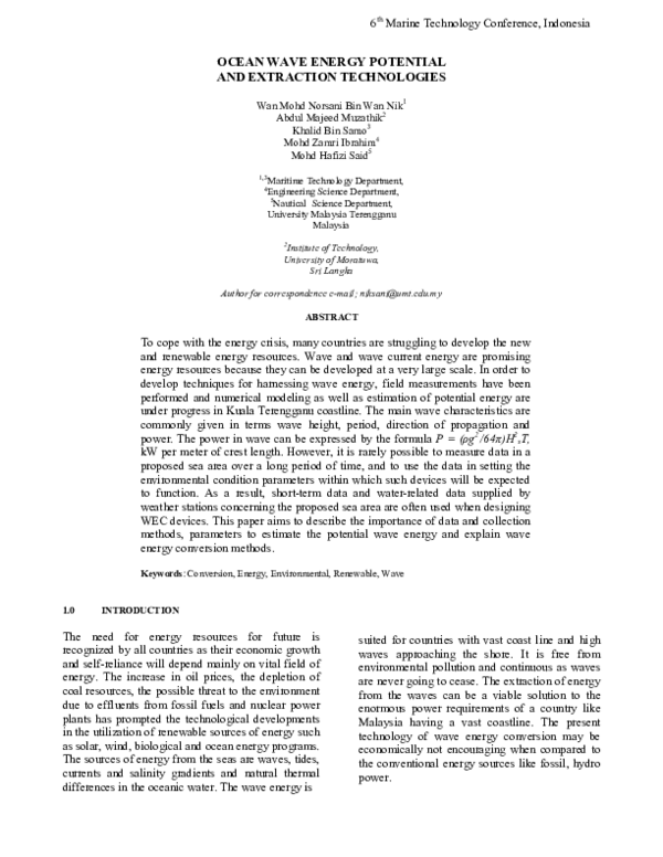 (PDF) Ocean Wave Energy Potential and Extraction Technologies