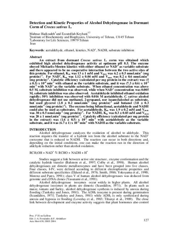 (PDF) Detection and Kinetic Properties of Alcohol Dehydrogenase in ...