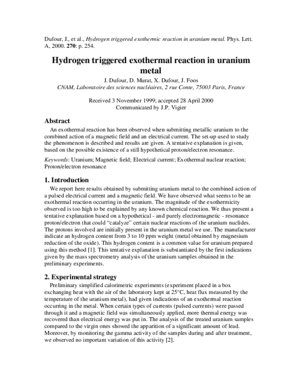 (PDF) Hydrogen triggered exothermal reaction in uranium metal