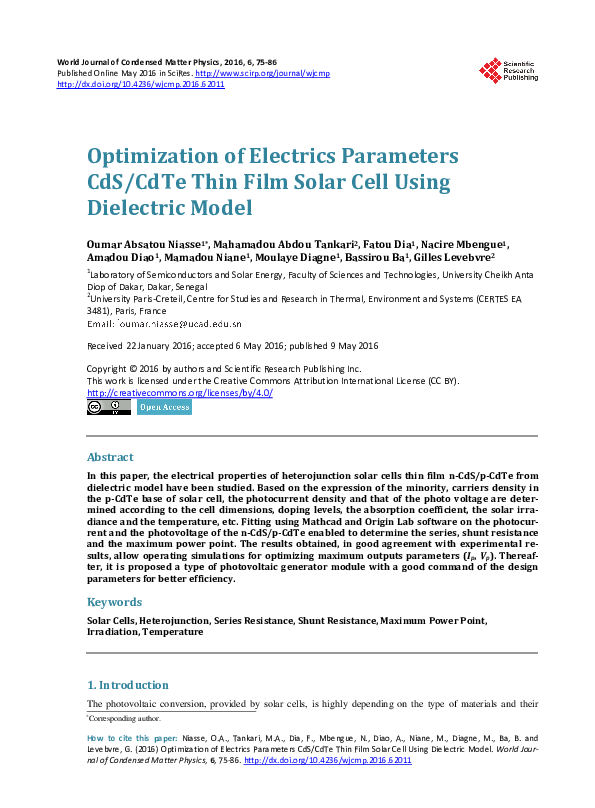 (PDF) Optimization of Electrics Parameters CdS/CdTe Thin Film Solar Cell Using Dielectric Model