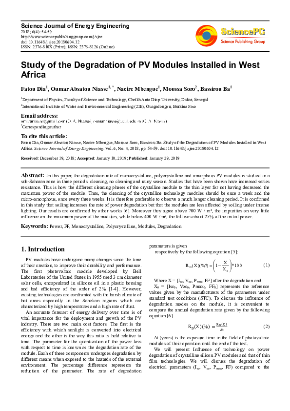 (PDF) Study of the Degradation of PV Modules Installed in West Africa