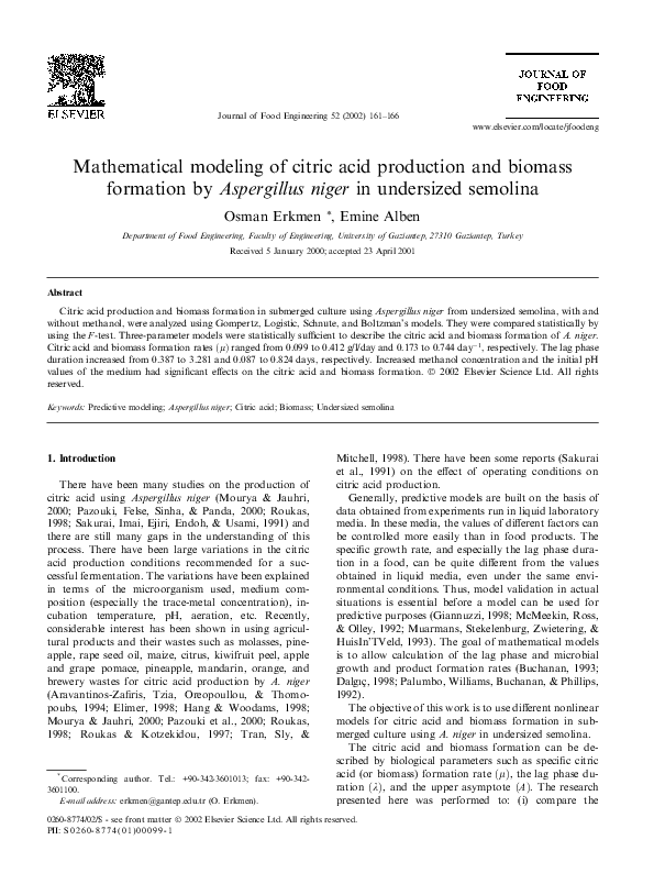 (PDF) Mathematical modeling of citric acid production and biomass formation by Aspergillus niger ...