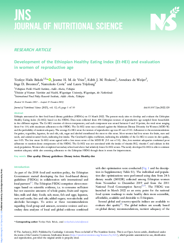 (PDF) Development of the Ethiopian Healthy Eating Index (Et-HEI) and ...