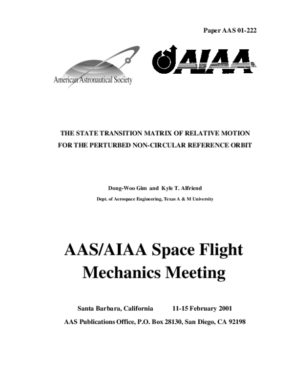 Pdf State Transition Matrix Of Relative Motion For The Perturbed Noncircular Reference Orbit