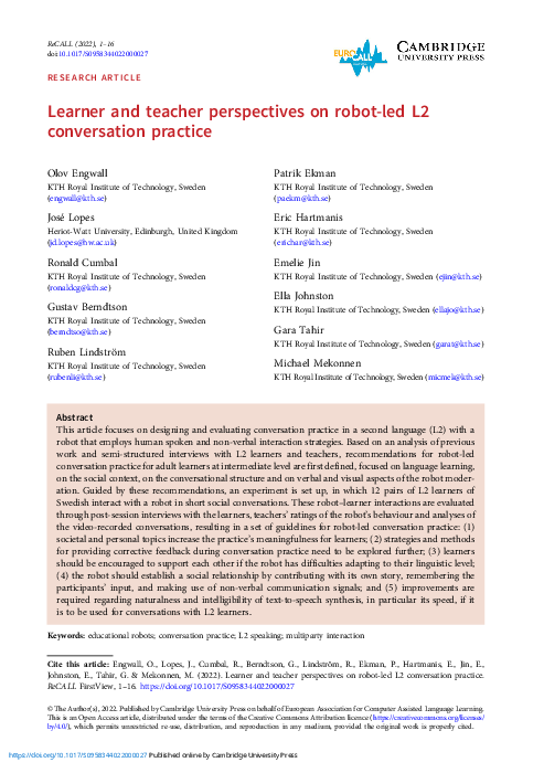 (PDF) Learner and teacher perspectives on robot-led L2 conversation ...