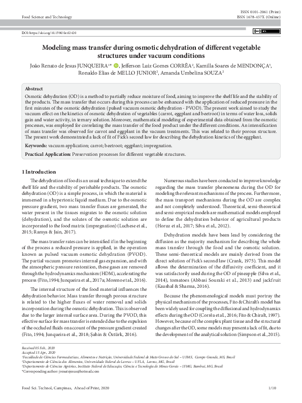 Pdf Modeling Mass Transfer During Osmotic Dehydration Of Different Vegetable Structures Under