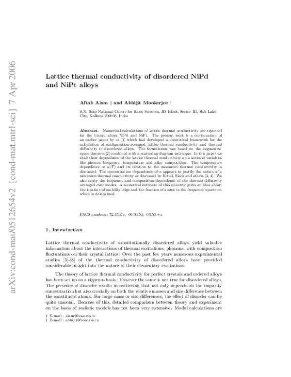 (PDF) Lattice thermal conductivity of disordered NiPd and NiPt alloys