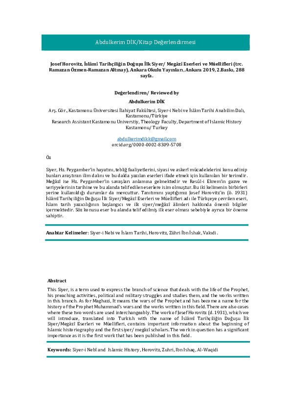 (PDF) Josef Horovitz Islami Tarihciligin Dogusu/Kitap Değerlendirmesi