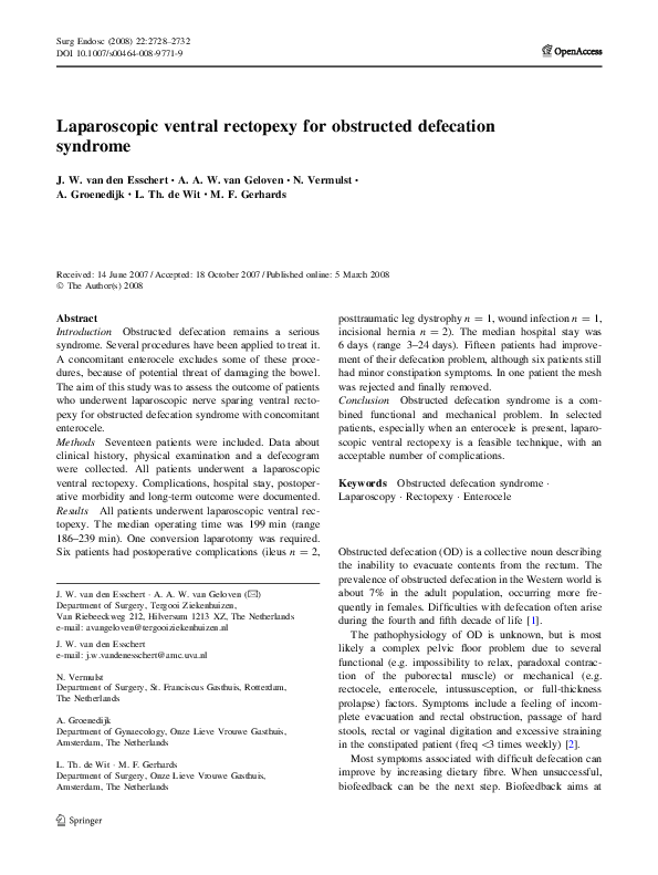 (PDF) Laparoscopic ventral rectopexy for obstructed defecation syndrome