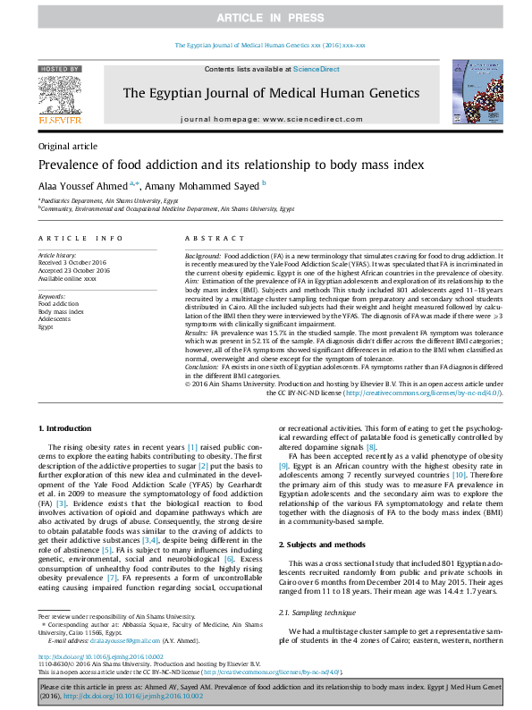 (PDF) Prevalence of food addiction and its relationship to body mass index