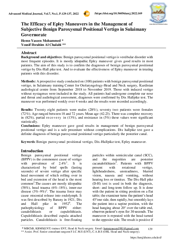 (PDF) The Efficacy of Epley Maneuvers in the Management of Subjective ...