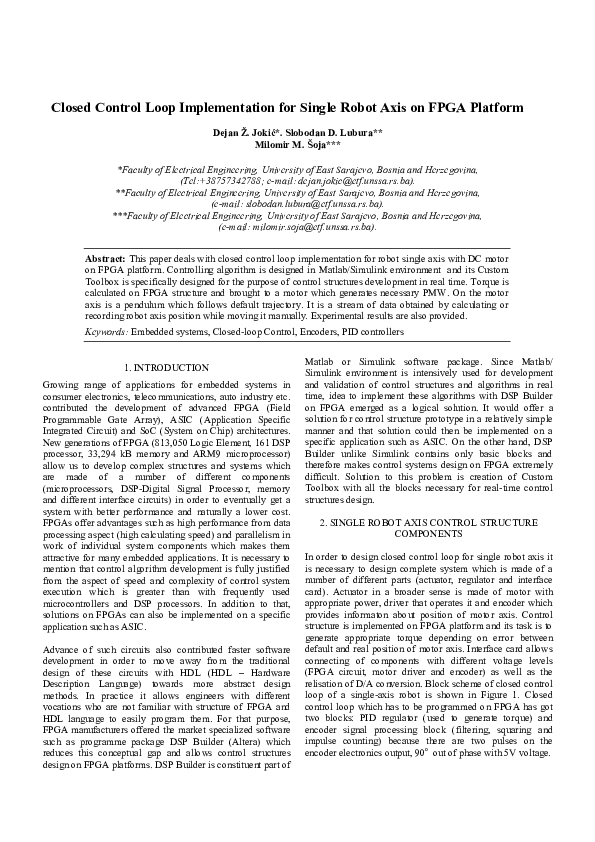 Pdf Closed Control Loop Implementation For Single Robot Axis On Fpga Platform