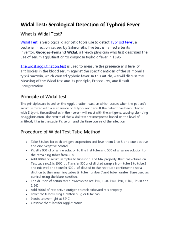 (DOC) Widal Test: Serological Detection of Typhoid Fever