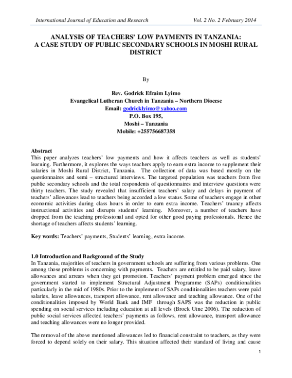 (PDF) Analysis of Teachers' Low Payments in Tanzania: A Case Study of ...