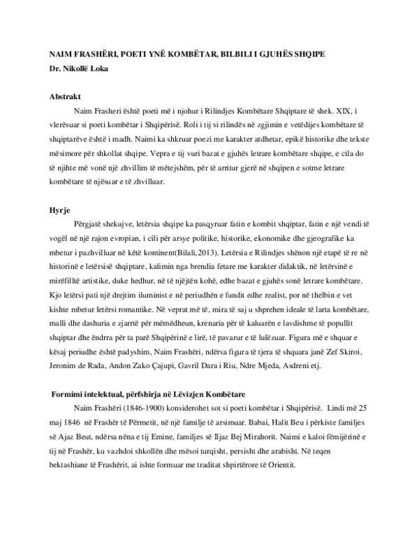 (PDF) NAIM FRASHËRI, POETI YNË KOMBËTAR, BILBILI I GJUHËS SHQIPE
