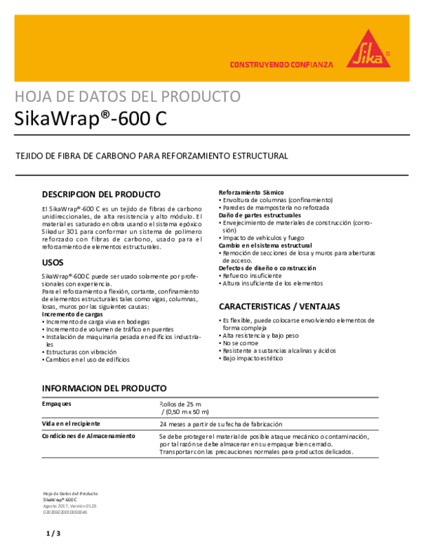 (PDF) SikaWrap®-600 C TEJIDO DE FIBRA DE CARBONO PARA REFORZAMIENTO ...