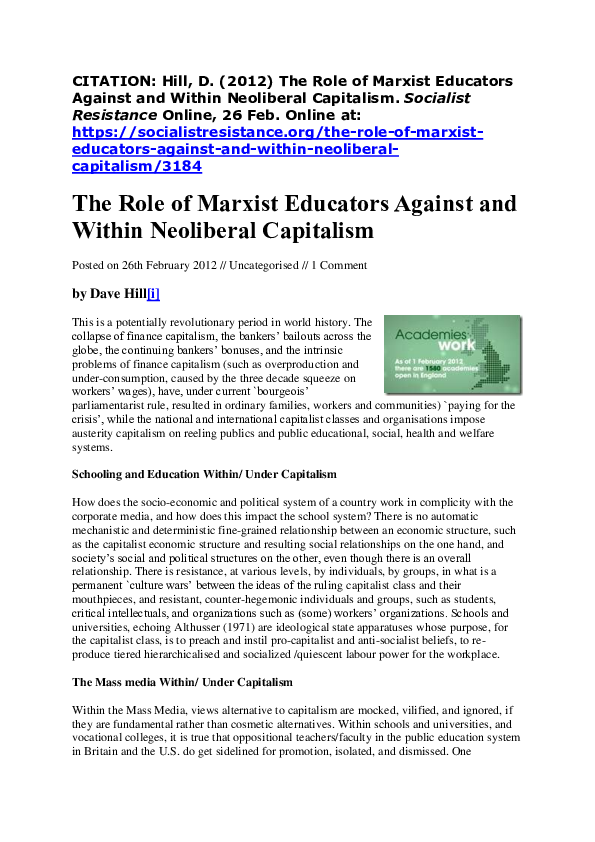 (PDF) The Role of Marxist Educators Against and Within Neoliberal ...