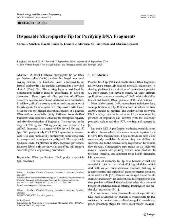 (PDF) Disposable Micropipette Tip for Purifying DNA Fragments