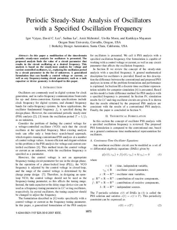 Pdf Periodic Steady State Analysis Of Oscillators With A Specified Oscillation Frequency