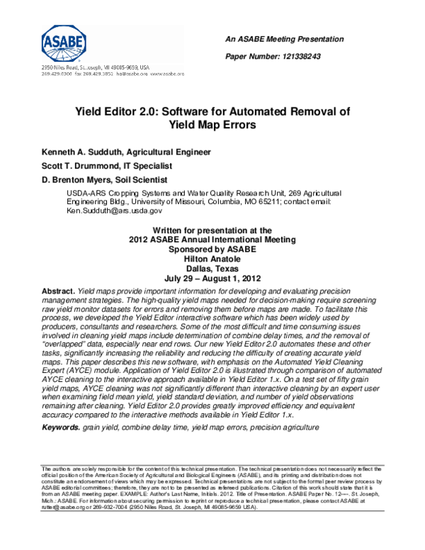 (PDF) Yield Editor 2.0: Software for Automated Removal of Yield Map Errors