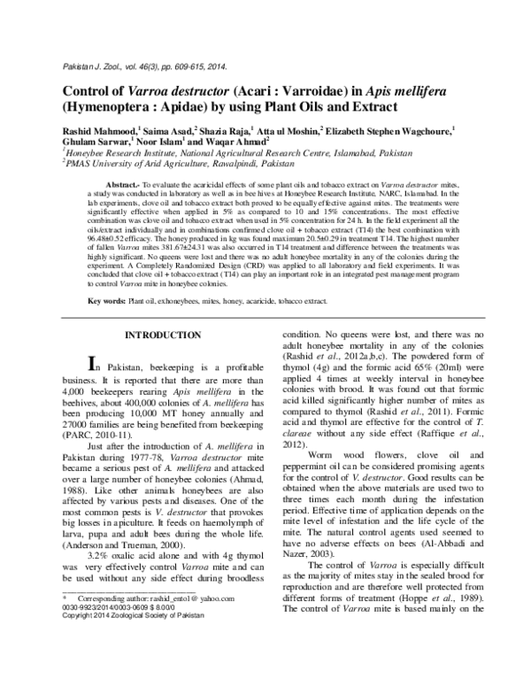 (PDF) Control of Varroa destructor (Acari: Varroidae) in Apis mellifera ...