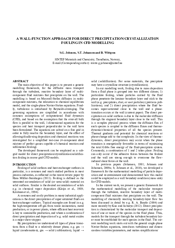 (PDF) A Wall-Function Approach for Direct Precipitation/Crystallization Fouling in CFD Modelling ...