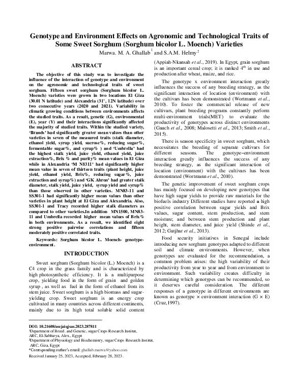 (PDF) Genotype and Environment Effects on Agronomic and Technological Traits of Some Sweet ...