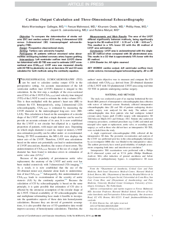 Pdf Cardiac Output Calculation And Three Dimensional Echocardiography