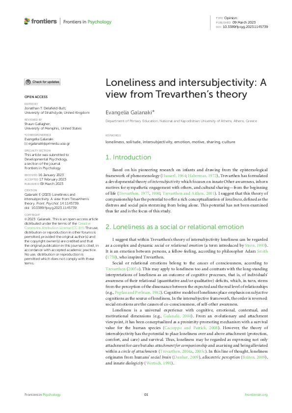 (PDF) Loneliness and intersubjectivity: A view from Trevarthen's theory