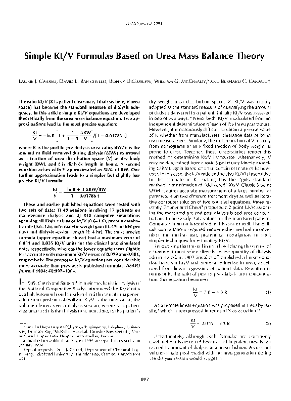 (PDF) Simple Kt/V Formulas Based on Urea Mass Balance Theory