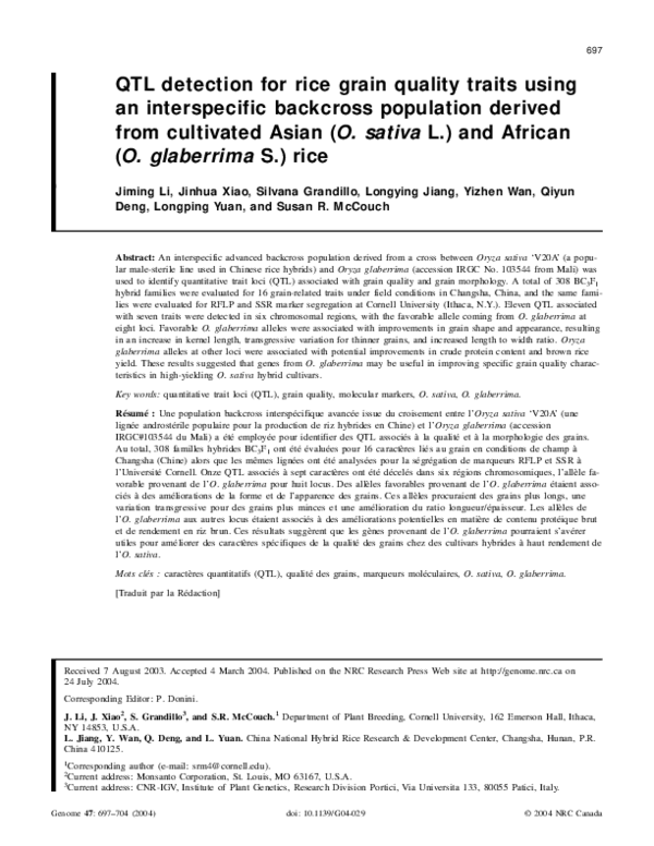 (PDF) QTL detection for rice grain quality traits using an interspecific backcross population ...
