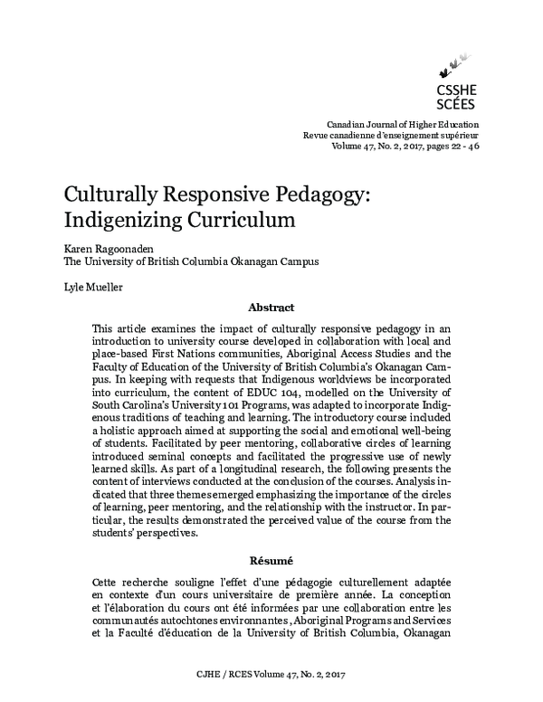 (PDF) Culturally Responsive Pedagogy: Indigenizing Curriculum