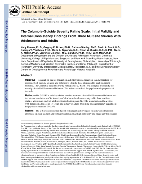(PDF) The Columbia–Suicide Severity Rating Scale: Initial Validity and ...