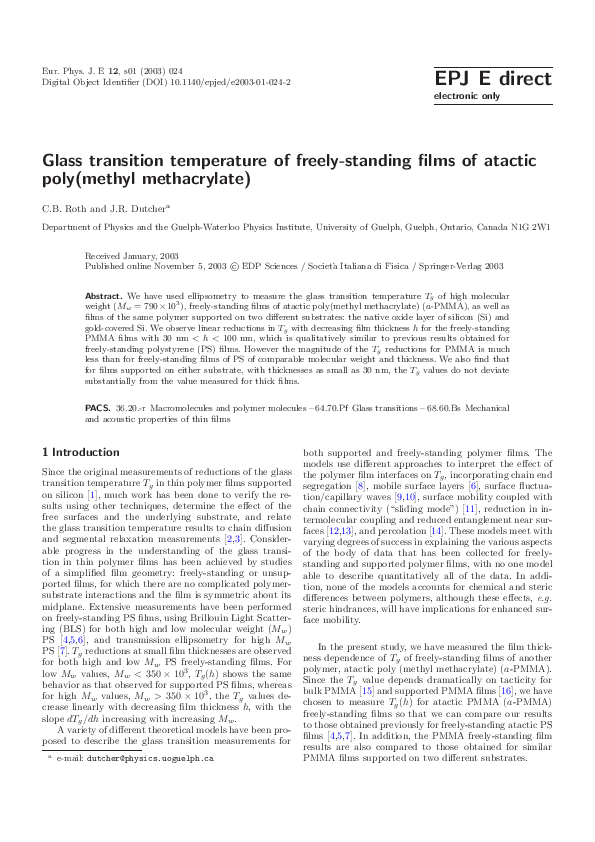 (PDF) Glass transition temperature of freely-standing films of atactic ...