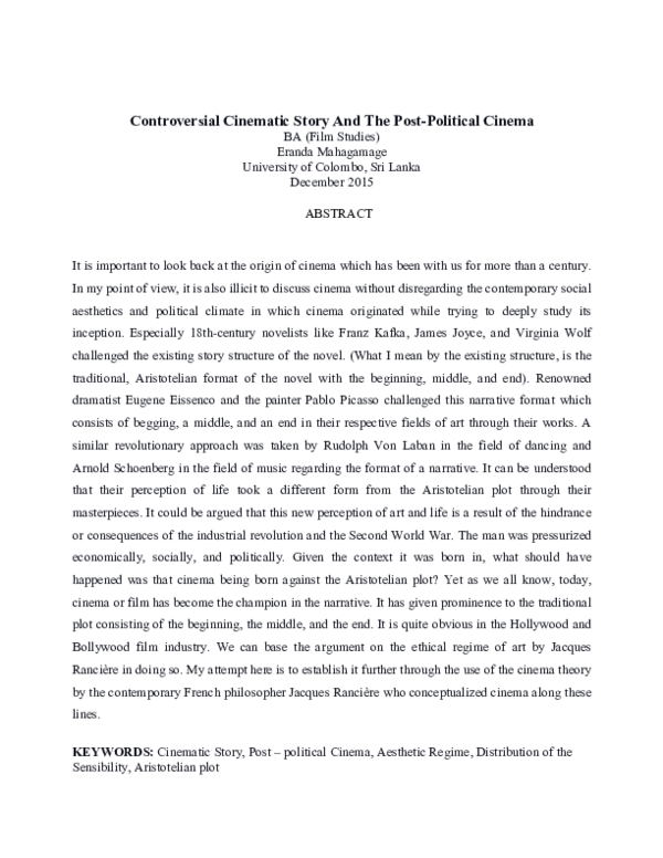 (PDF) Controversial Cinematic Story and the Post-political Cinema