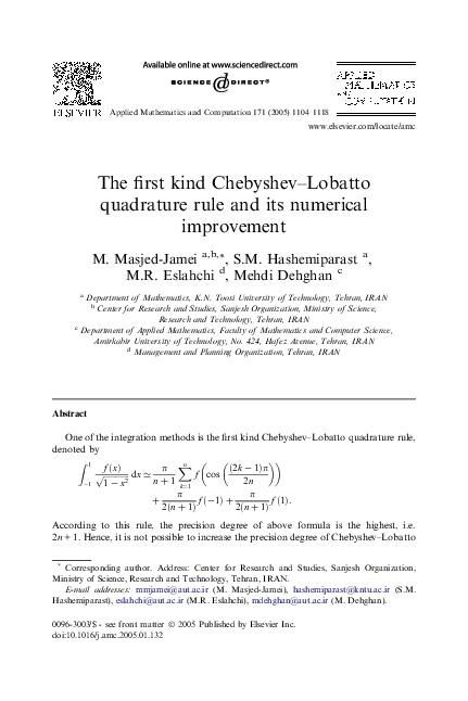 (PDF) The first kind Chebyshev–Lobatto quadrature rule and its ...