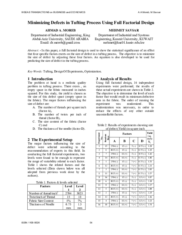(PDF) Minimizing Defects in Tufting Process Using Full Factorial Design