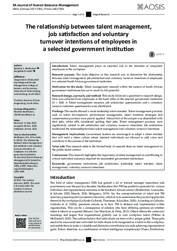 (PDF) The relationship between talent management, job satisfaction and voluntary turnover ...