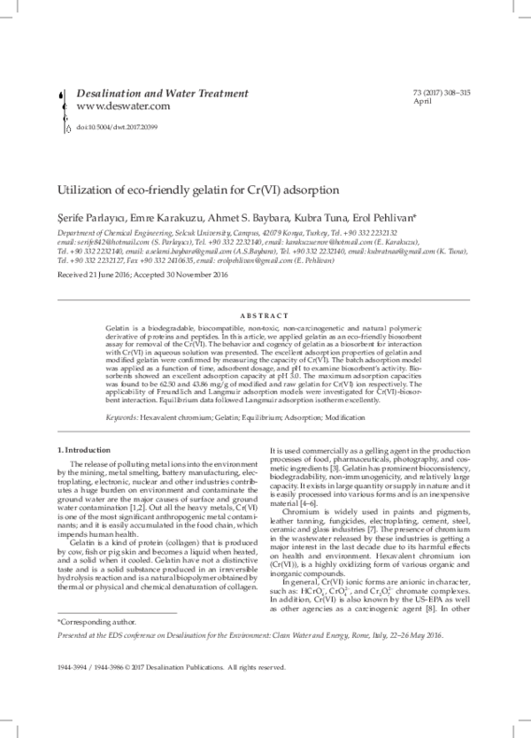 (PDF) Utilization of eco-friendly gelatin for Cr(VI) adsorption