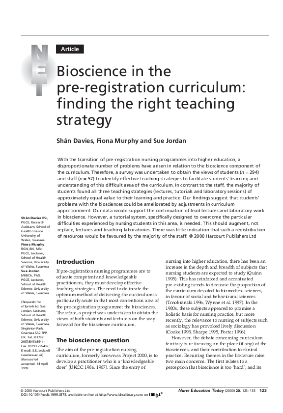 (PDF) Bioscience in the pre-registration curriculum: finding the right teaching strategy