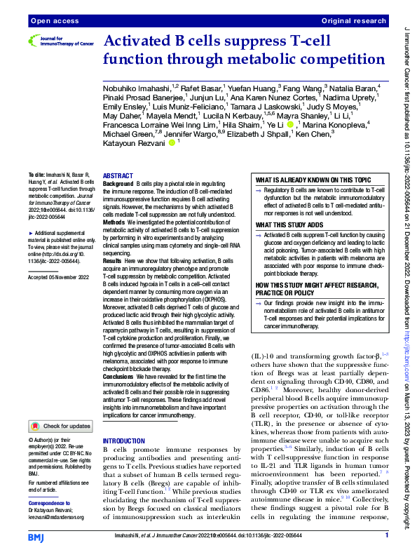 (PDF) Activated B cells suppress T-cell function through metabolic ...