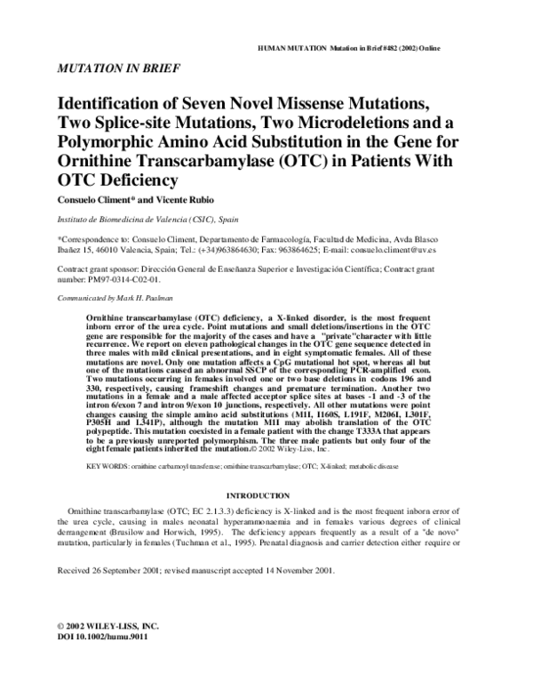 (PDF) Novel Mutations in OTC Gene Linked to Deficiency