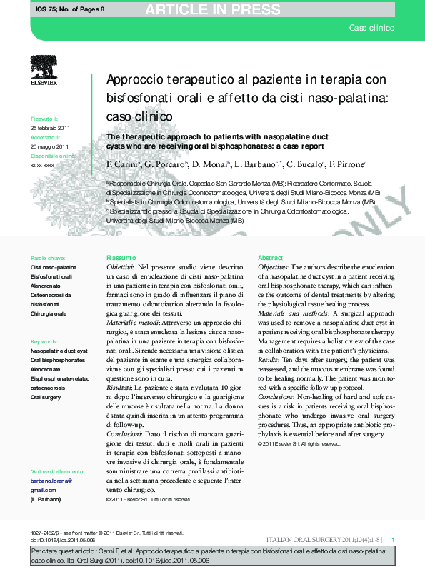 (PDF) Approccio terapeutico al paziente in terapia con bisfosfonati orali e affetto da cisti ...