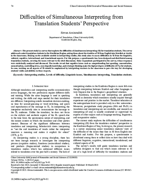 (PDF) Difficulties of Simultaneous Interpreting from Translation Students' Perspective