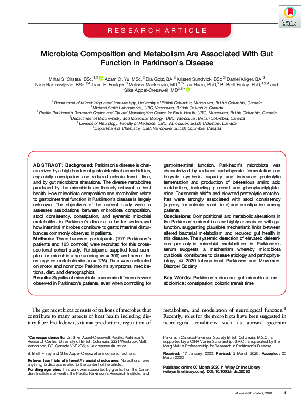 (PDF) Microbiota Composition and Metabolism Are Associated With Gut Function in Parkinson's Disease
