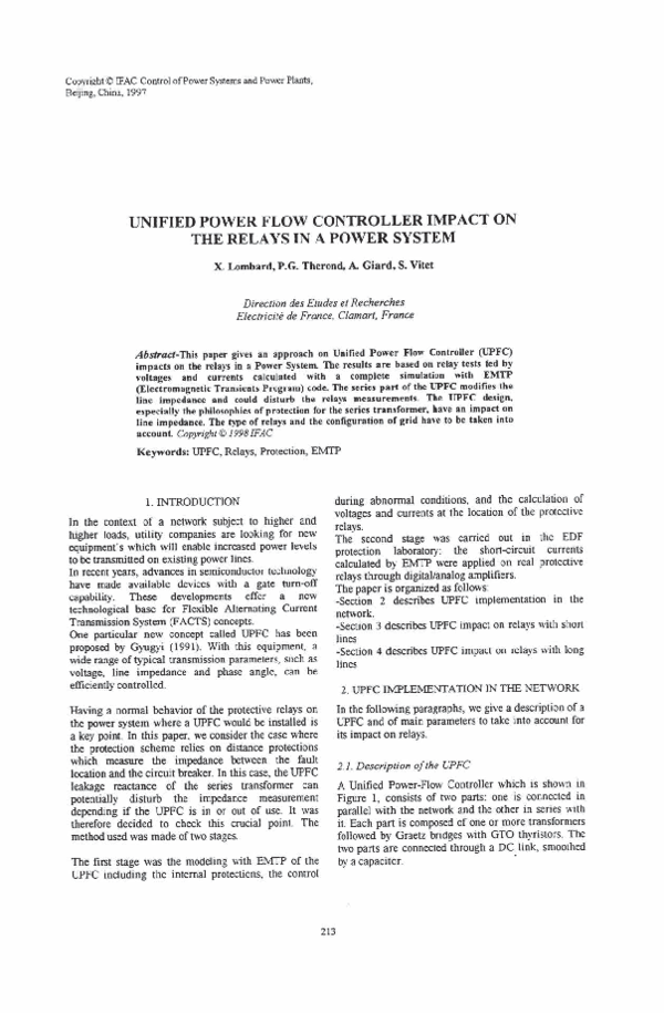 (PDF) Unified Power Flow Controller Impact on the Relays in a Power System
