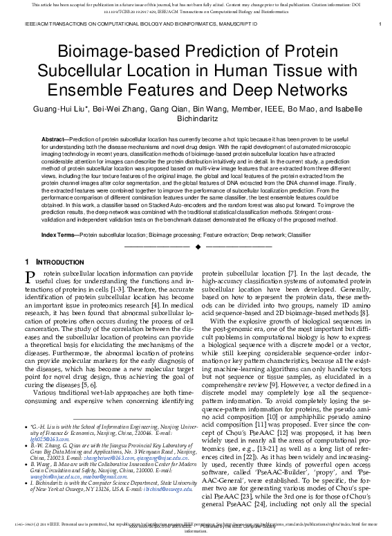 Pdf Bioimage Based Prediction Of Protein Subcellular Location In Human Tissue With Ensemble